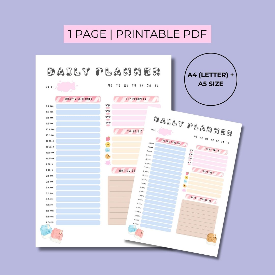 Printable Daily Planner PDF A4 US Letter and A5 Sizes Milk - Etsy