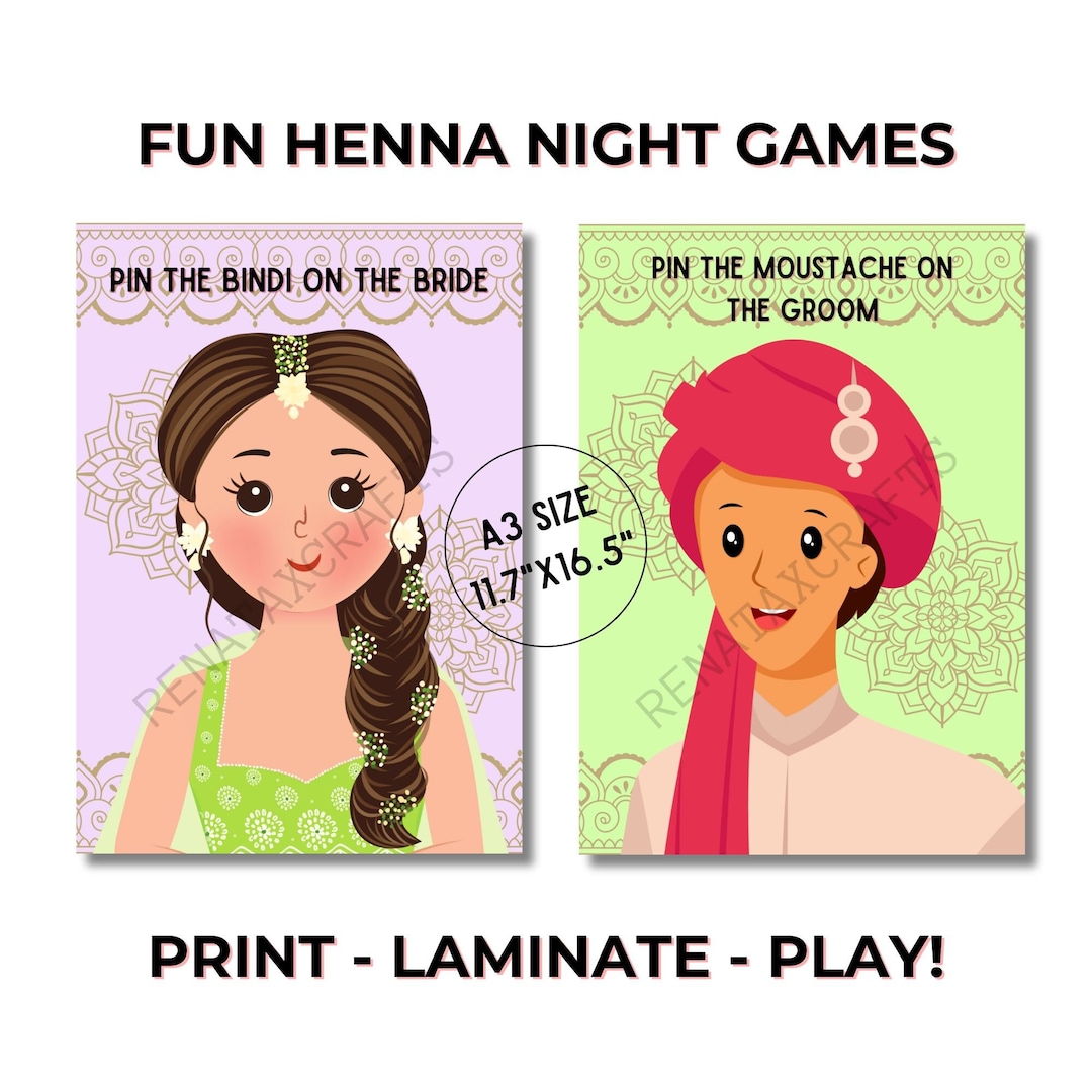 Henna Night Game Printable, Pin the Bindi, Pin the Moustache, A3 Size ...