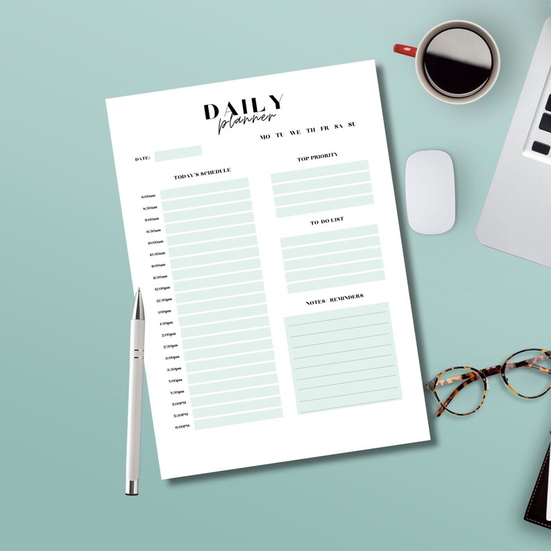 Printable Daily Planner, PDF A4, US Letter, A5 Sizes, Minimal Teal Blue ...