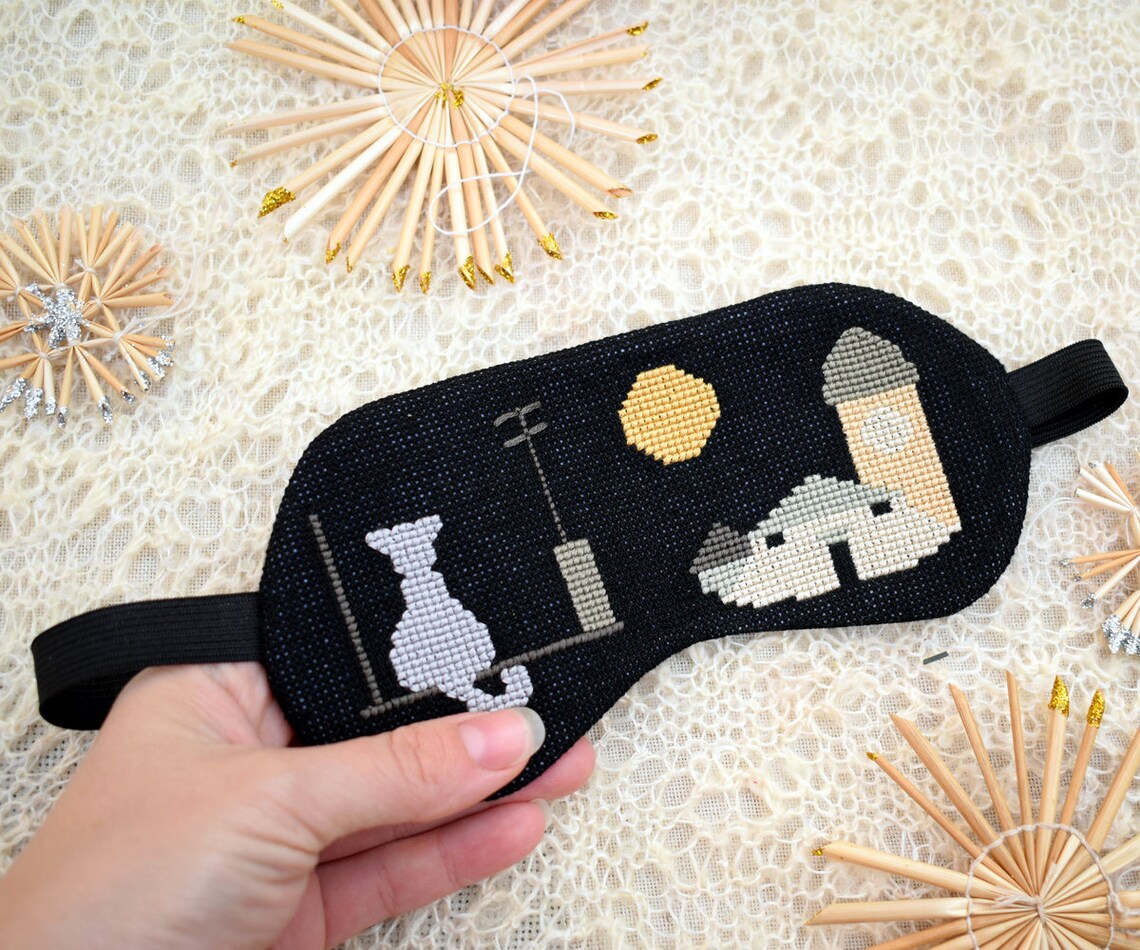 Embroidered Sleeping Mask "at Night" - Adults Sleep Mask With Cat ...