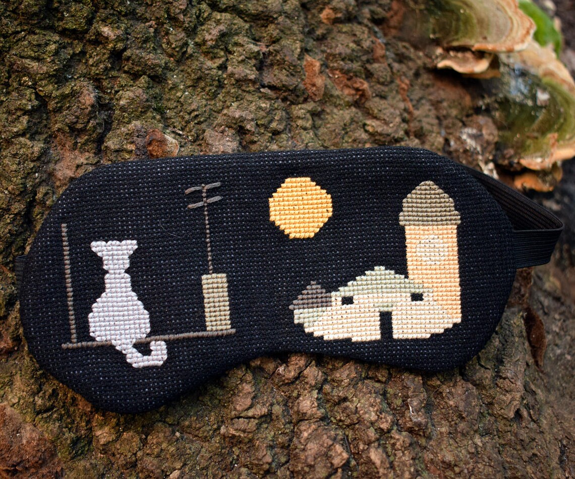 Embroidered Sleeping Mask "at Night" - Adults Sleep Mask With Cat ...