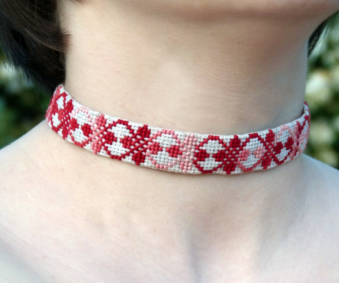 Red Embroidered Choker - Red Neck Ribbon With Cross-stitch - Ornament ...