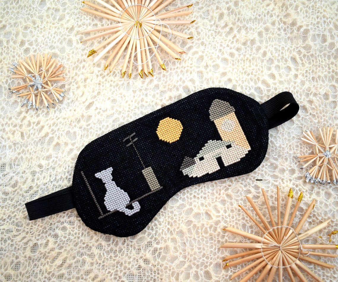 Embroidered Sleeping Mask "at Night" - Adults Sleep Mask With Cat ...