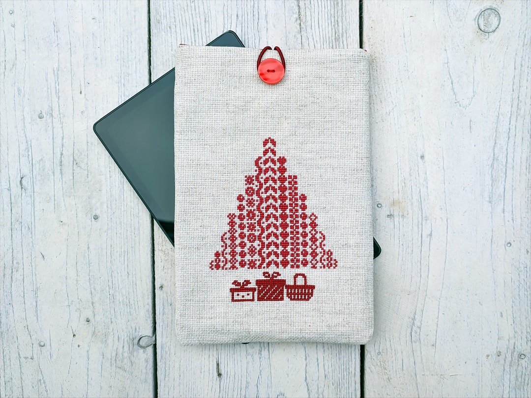 Handmade Embroidered Christmas Tree Tablet Case, Linen E-reader Sleeve ...