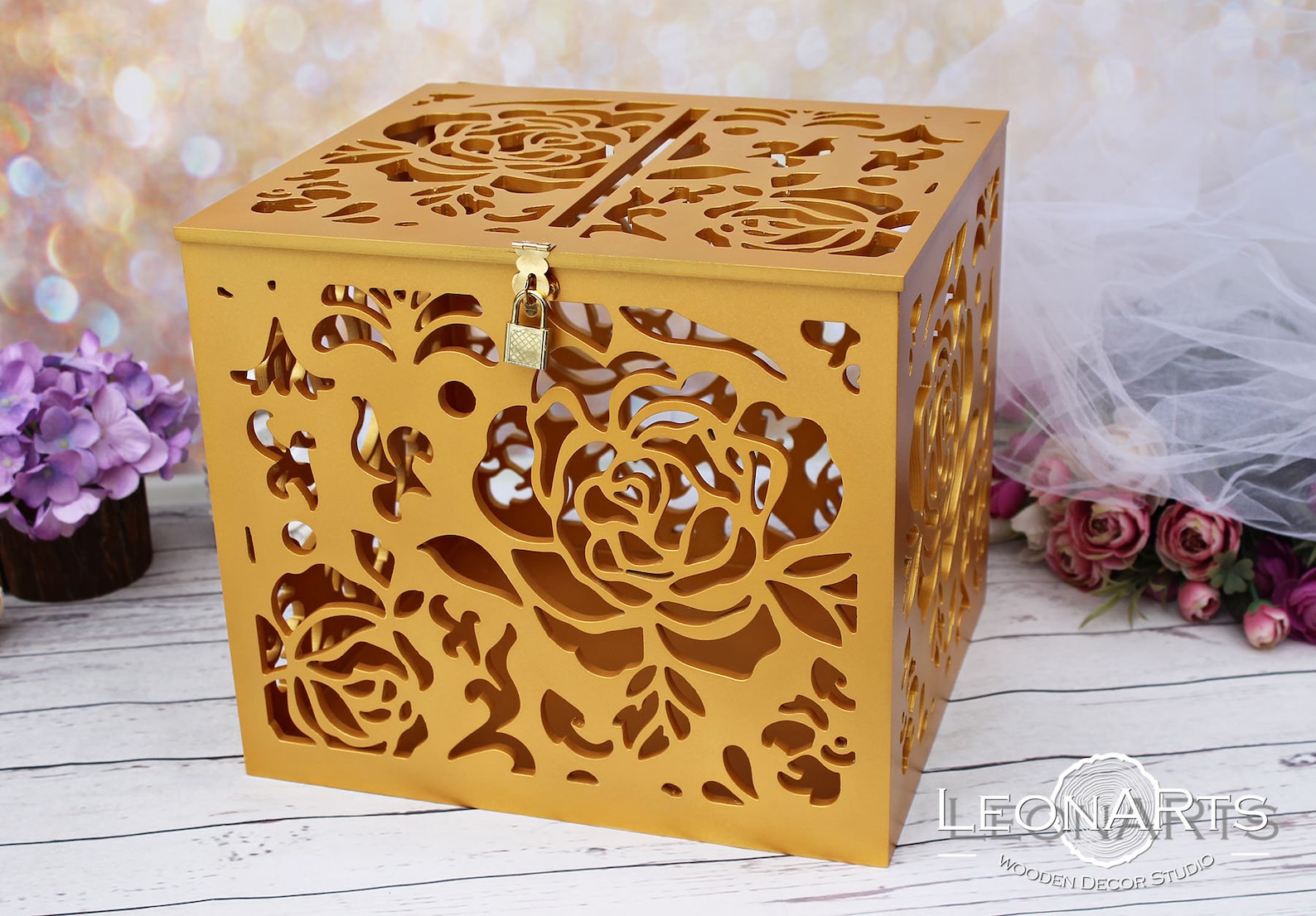 Lockable Gold Wedding Card Box With Roses-wedding | Etsy