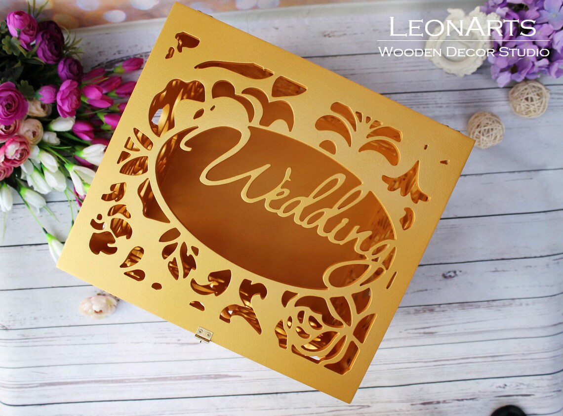Lockable Gold Wedding Card Box with Roses-Wedding Gift-Plywood | Etsy