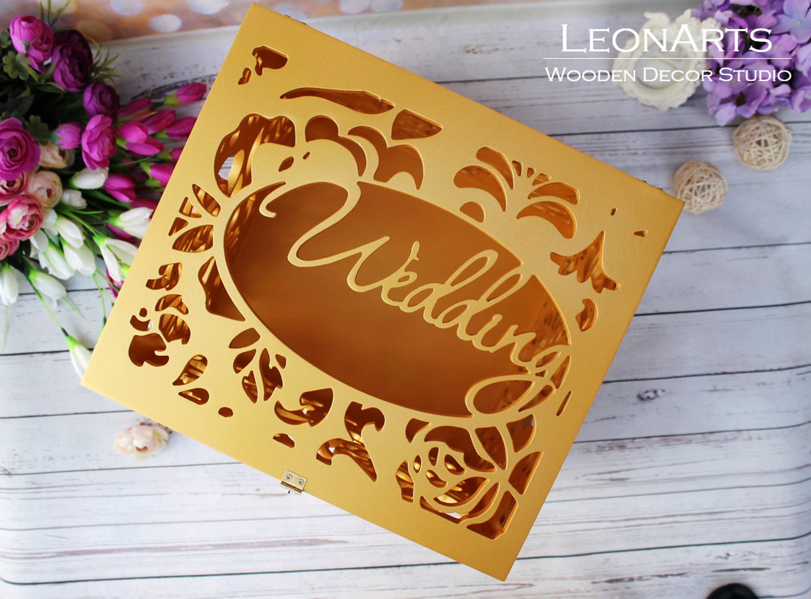 Lockable Gold Wedding Card Box with Roses-Wedding Gift-Plywood | Etsy