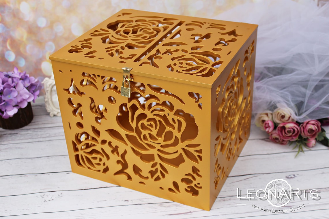 Lockable Gold Wedding Card Box With Roses-wedding | Etsy
