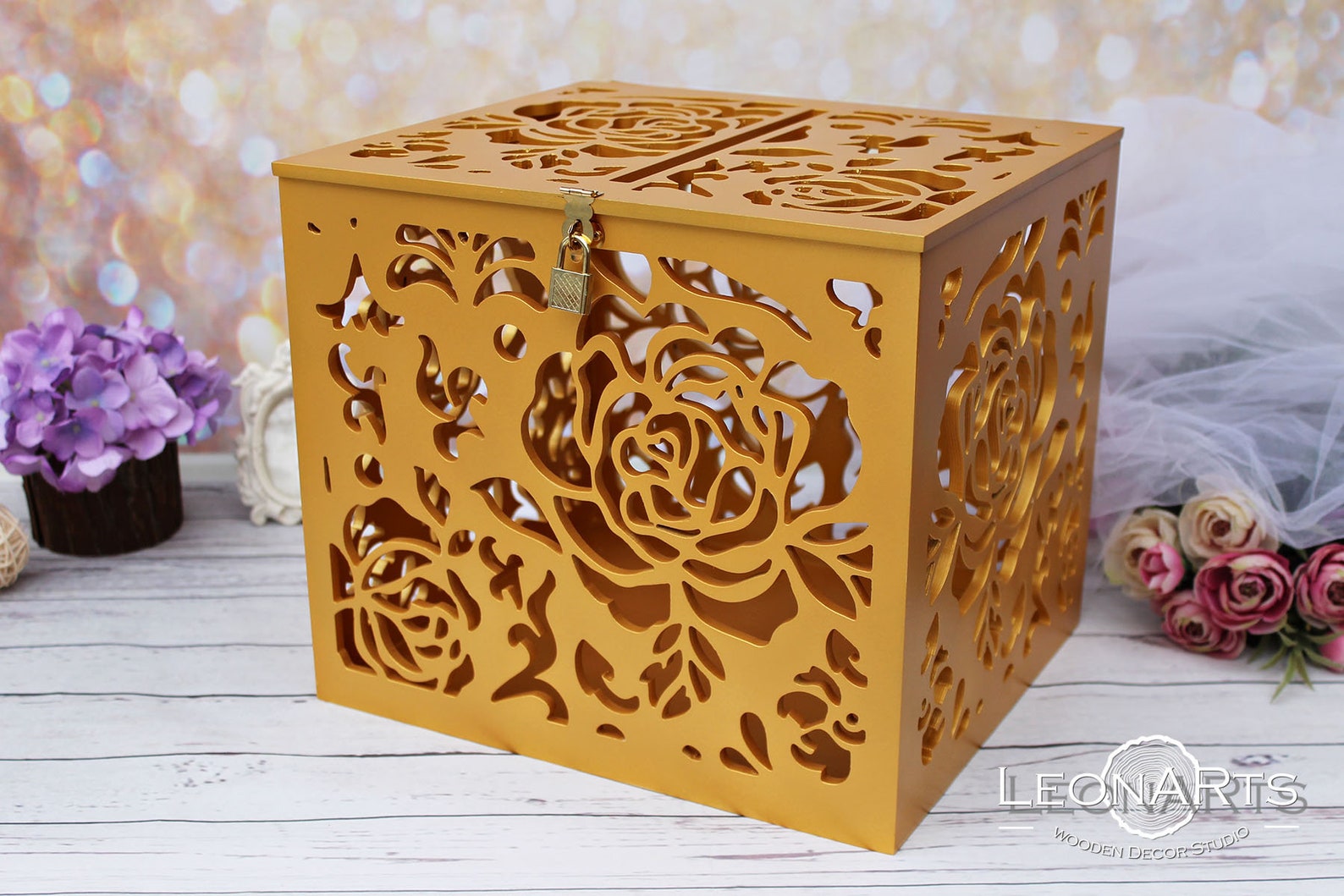 Lockable Gold Wedding Card Box With Roses-wedding | Etsy