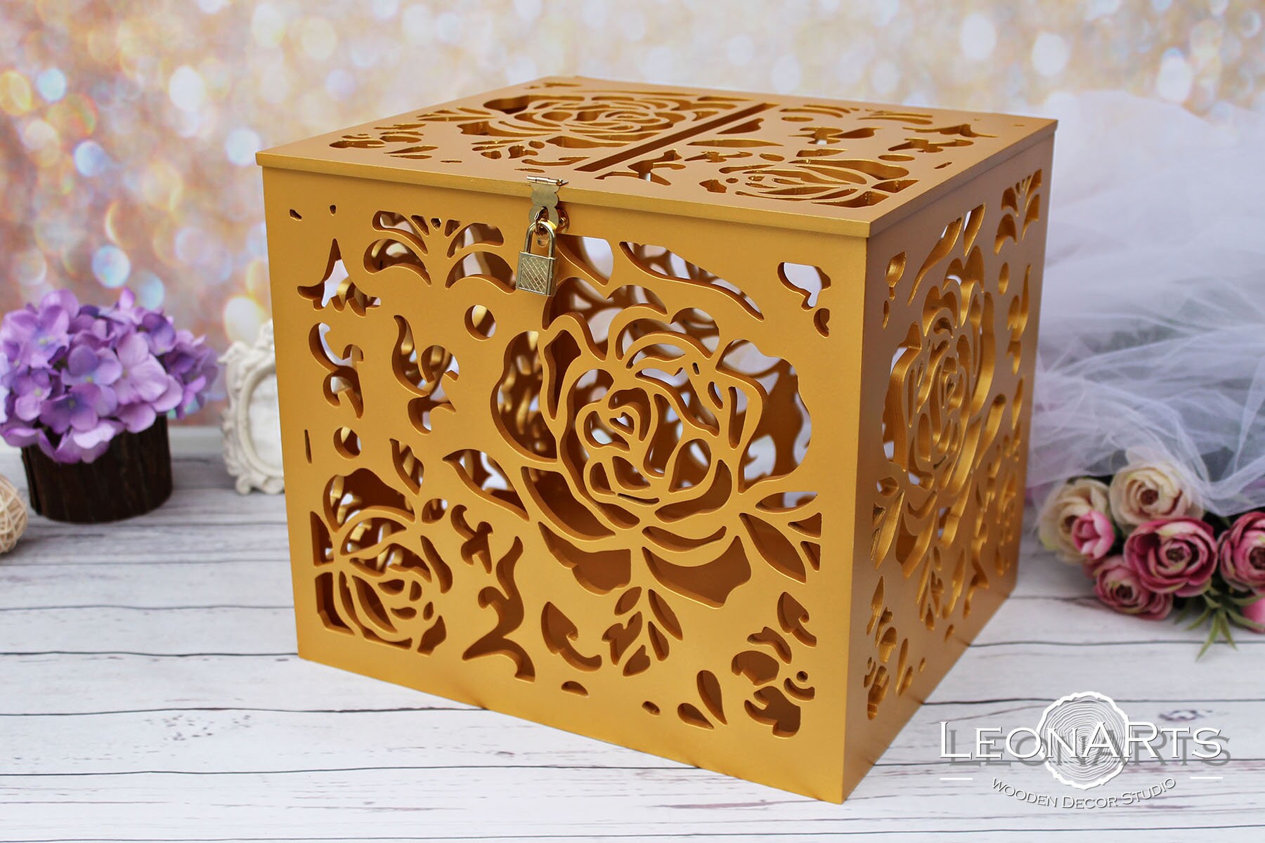 Lockable Gold Wedding Card Box With Roses-wedding | Etsy
