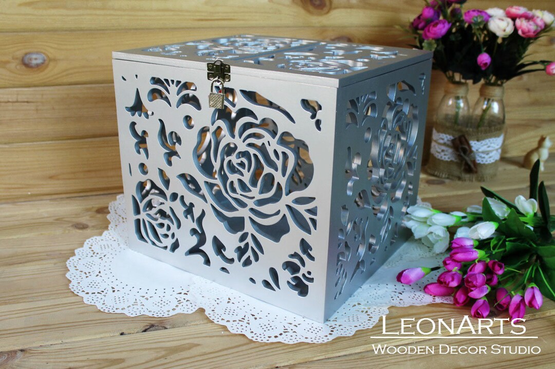 Lockable Wedding Card Box With Roses in Silver-keepsake Box - Etsy