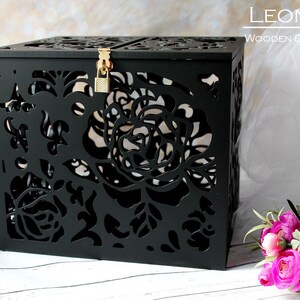 Lockable Wedding Card Box With Roses-black Keepsake Box With Gold Lock ...