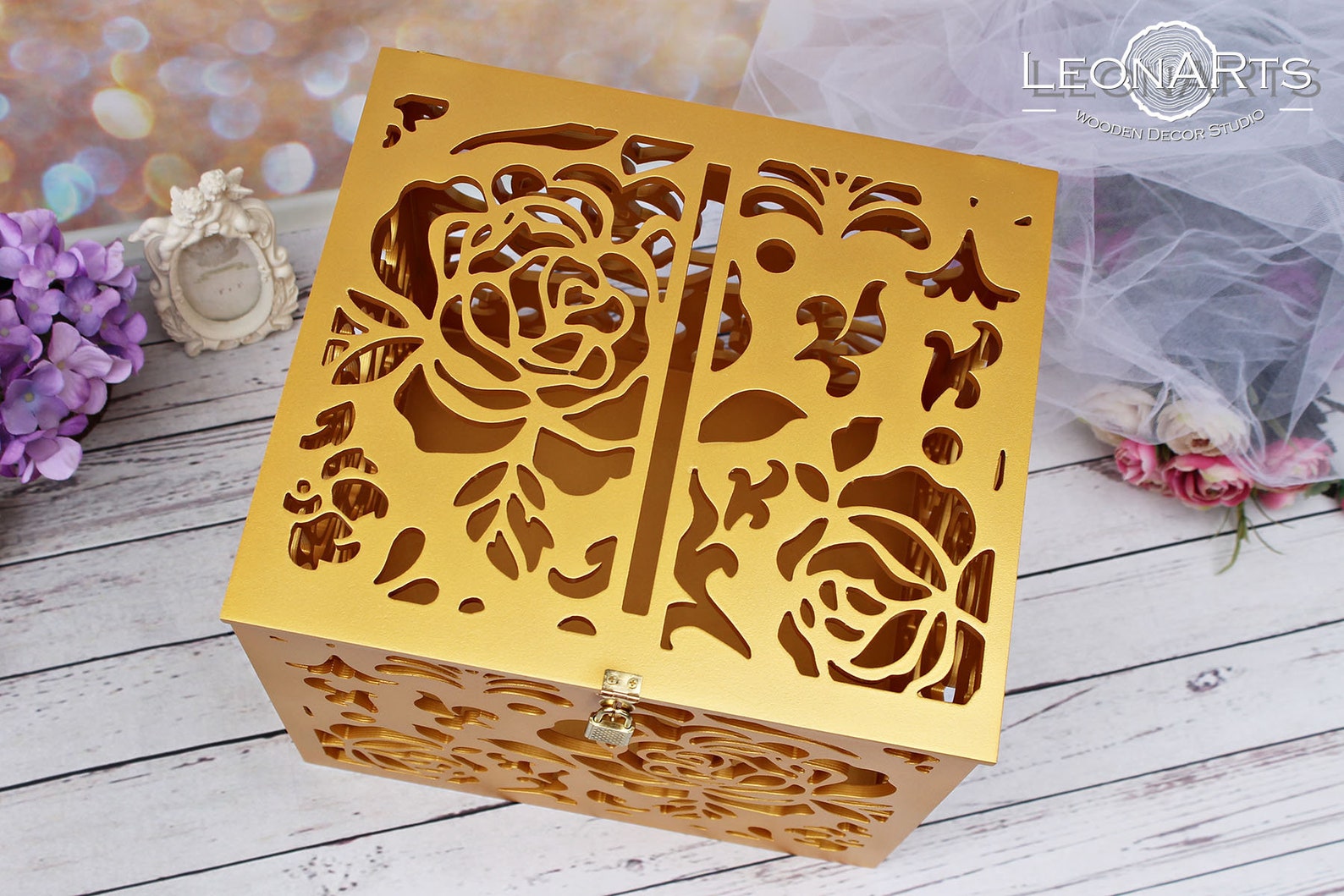 Lockable Gold Wedding Card Box With Roses-wedding | Etsy