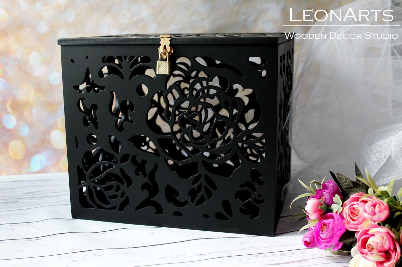 Lockable Wedding Card Box With Roses-black Keepsake Box With Gold Lock ...