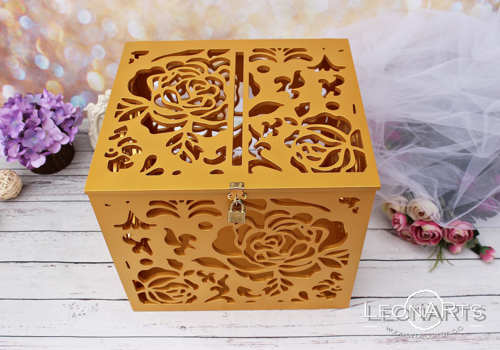 Lockable Gold Wedding Card Box With Roses-wedding | Etsy