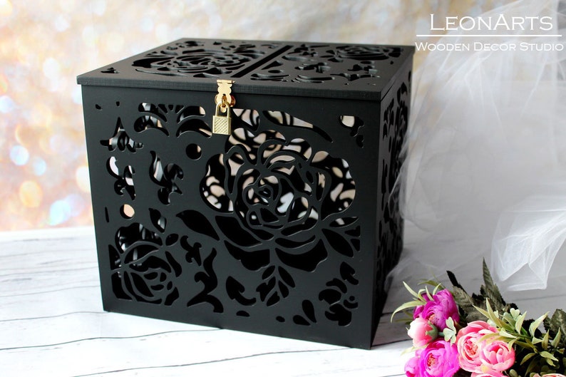 Lockable Wedding Card Box With Roses-black Keepsake Box With Gold Lock ...