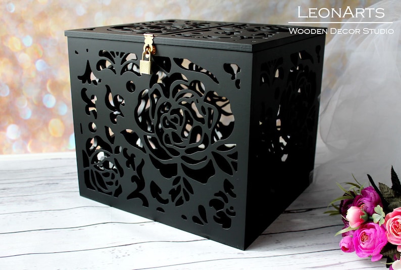 Lockable Wedding Card Box With Roses-black Keepsake Box With Gold Lock ...