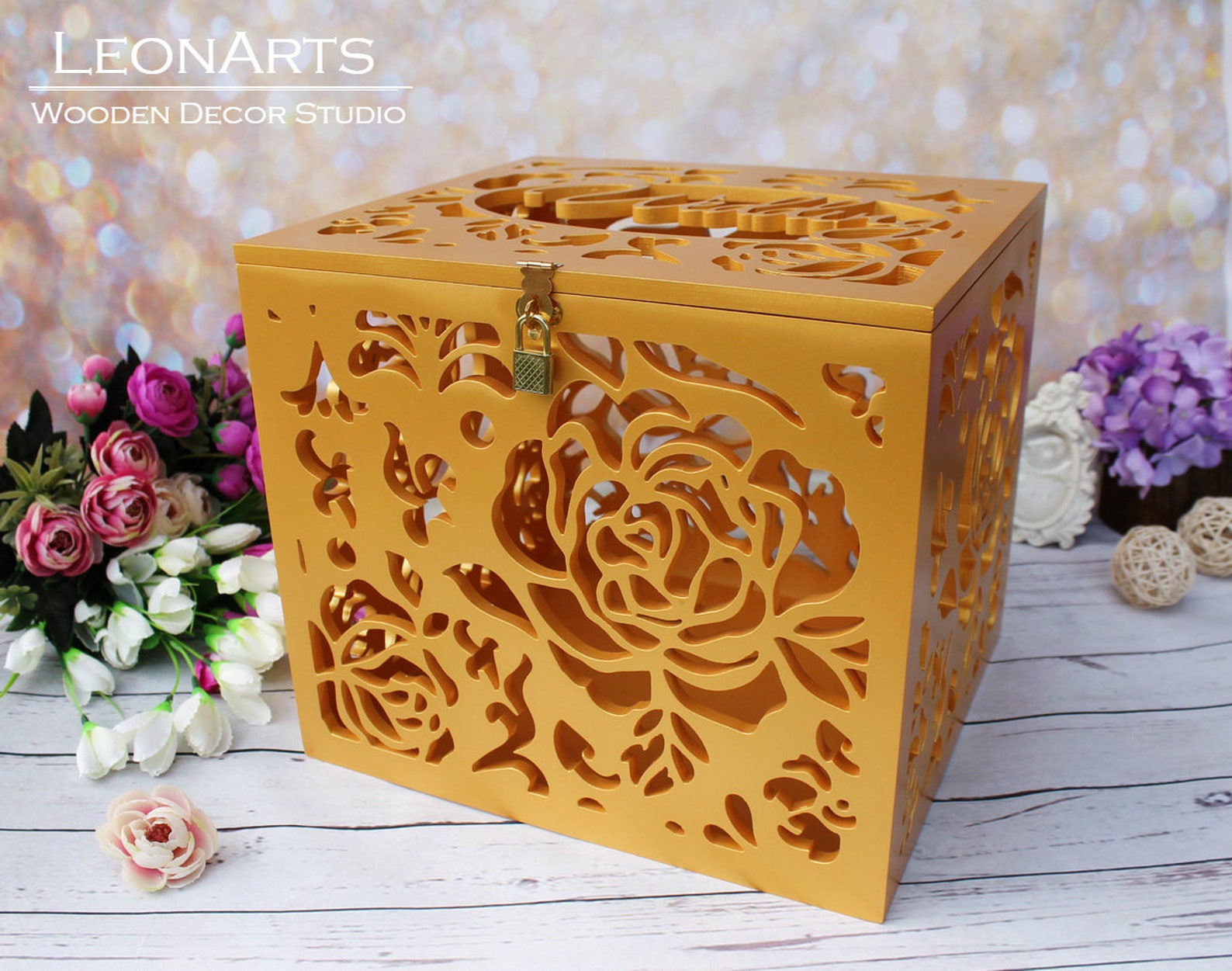 Lockable Gold Wedding Card Box with Roses-Wedding Gift-Plywood | Etsy