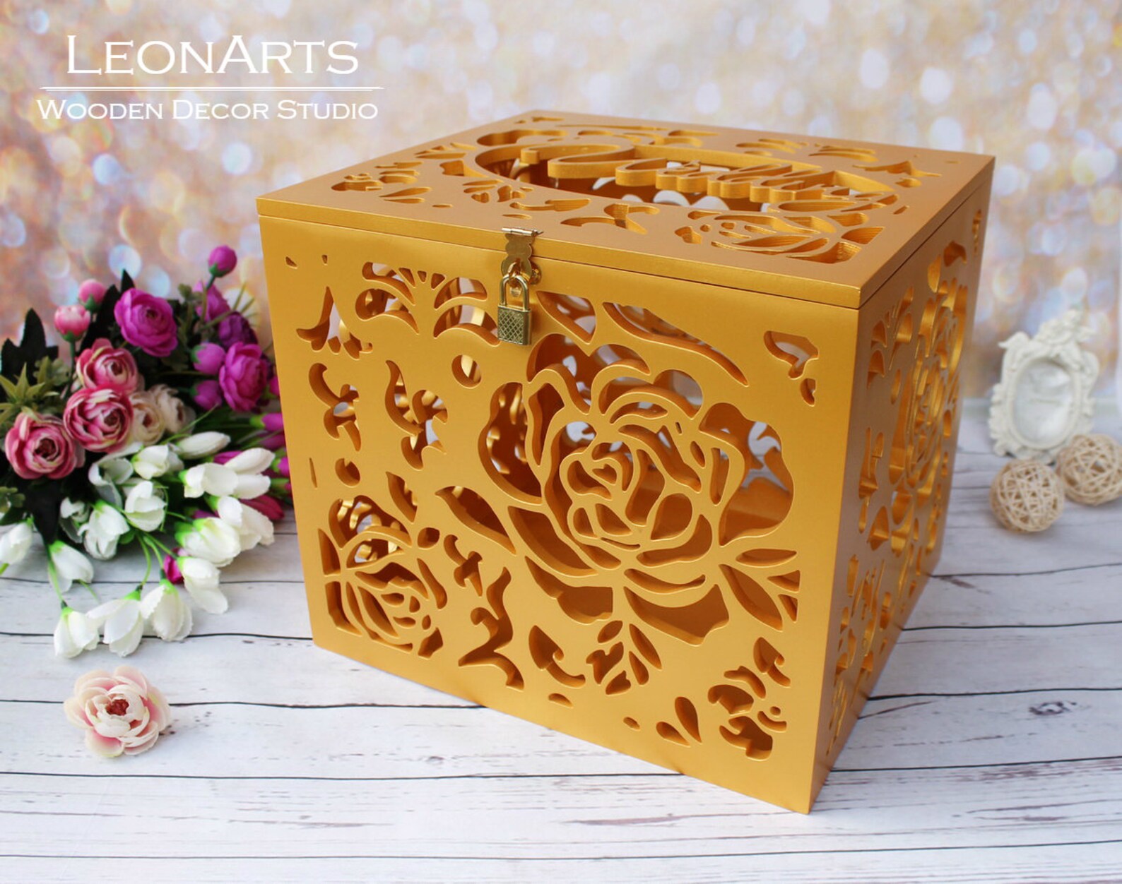 Lockable Gold Wedding Card Box with Roses-Wedding Gift-Plywood | Etsy