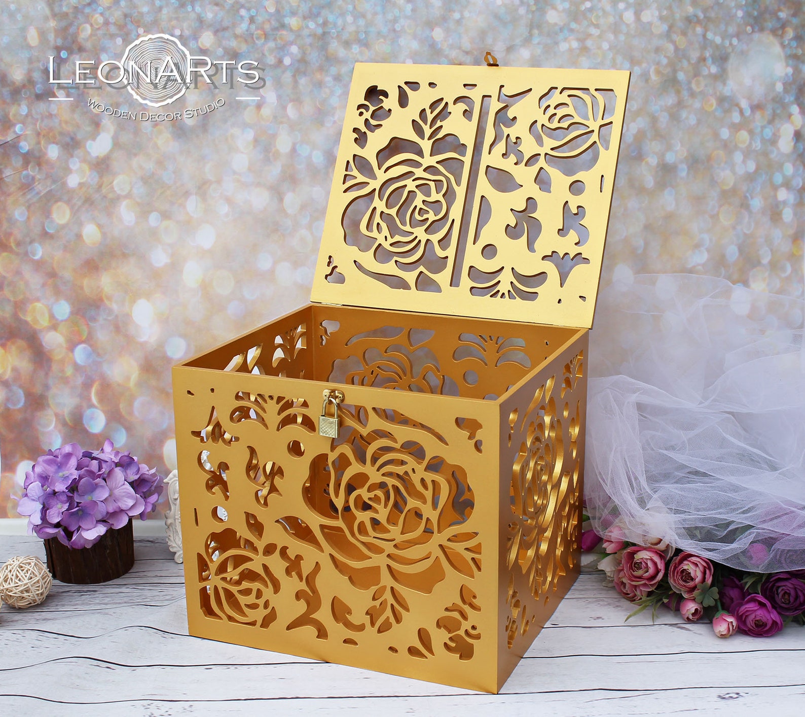 Lockable Gold Wedding Card Box With Roses-wedding | Etsy