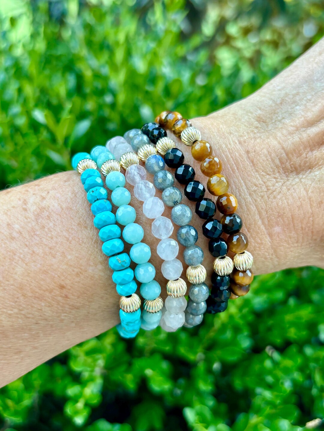 Barbara Gemstone and 14k Gold Filled Stretch Bracelet | Tigers Eye Rose ...