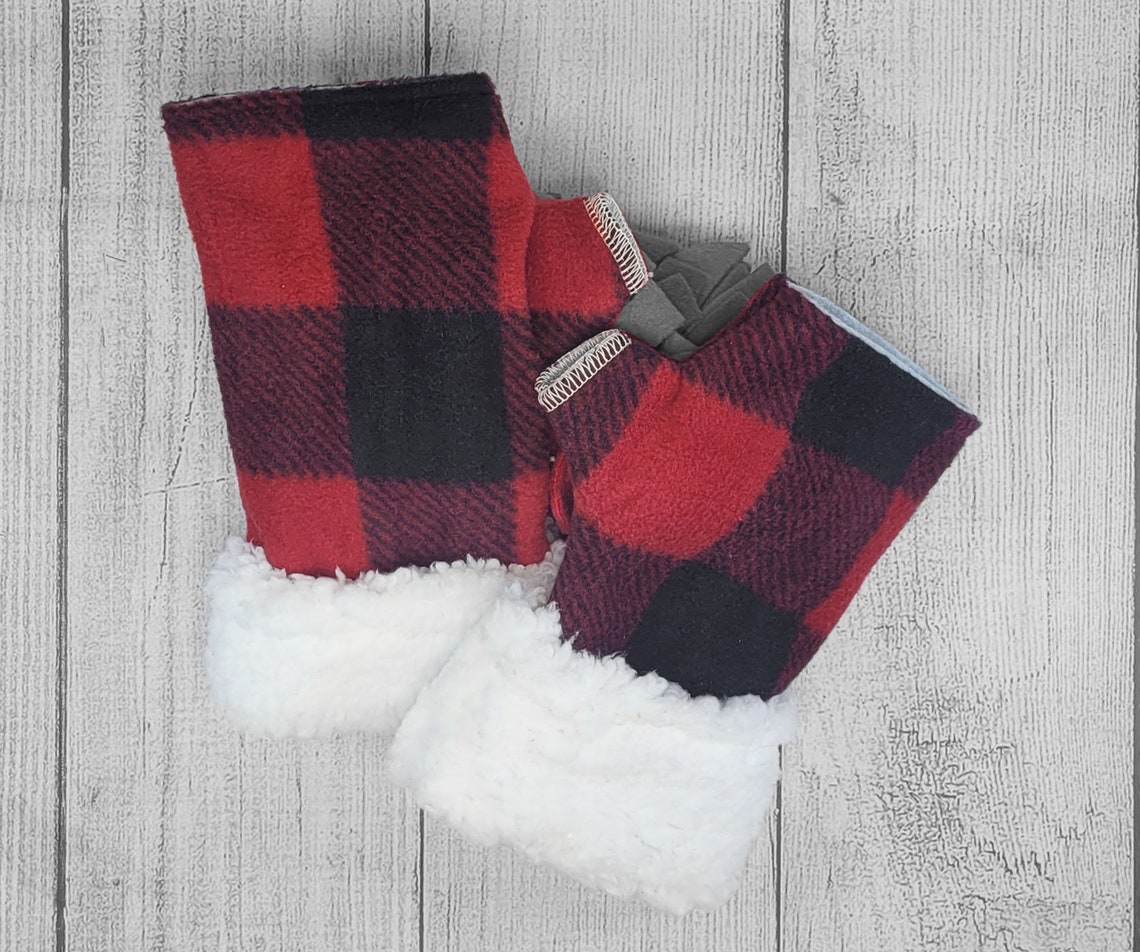 Fingerless Buffalo Plaid Red and Black Check Santa Mittens/double Layer ...