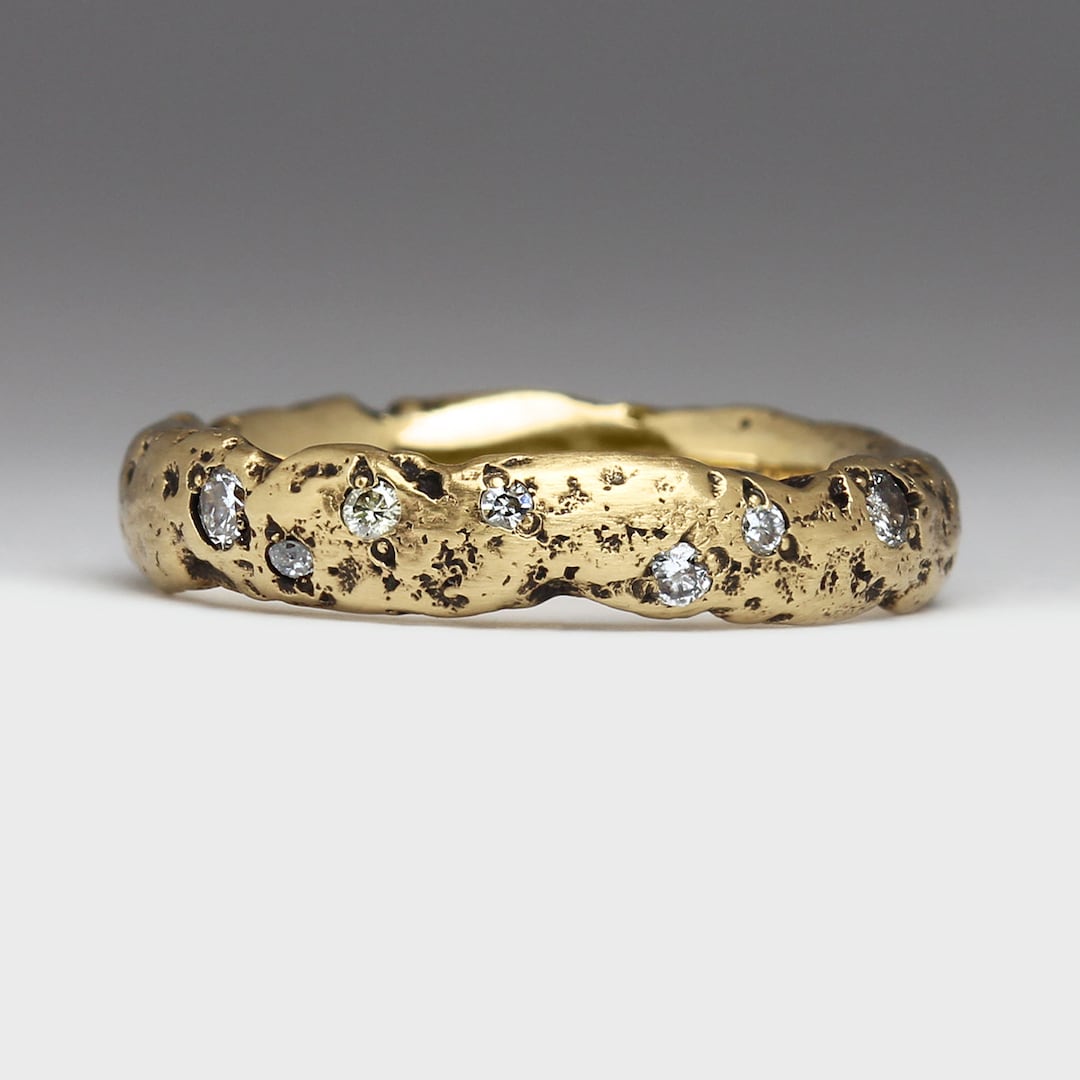 Sandcast 9ct Gold Diamond Scatter Ring - 4mm Rugged & Organic Band ...