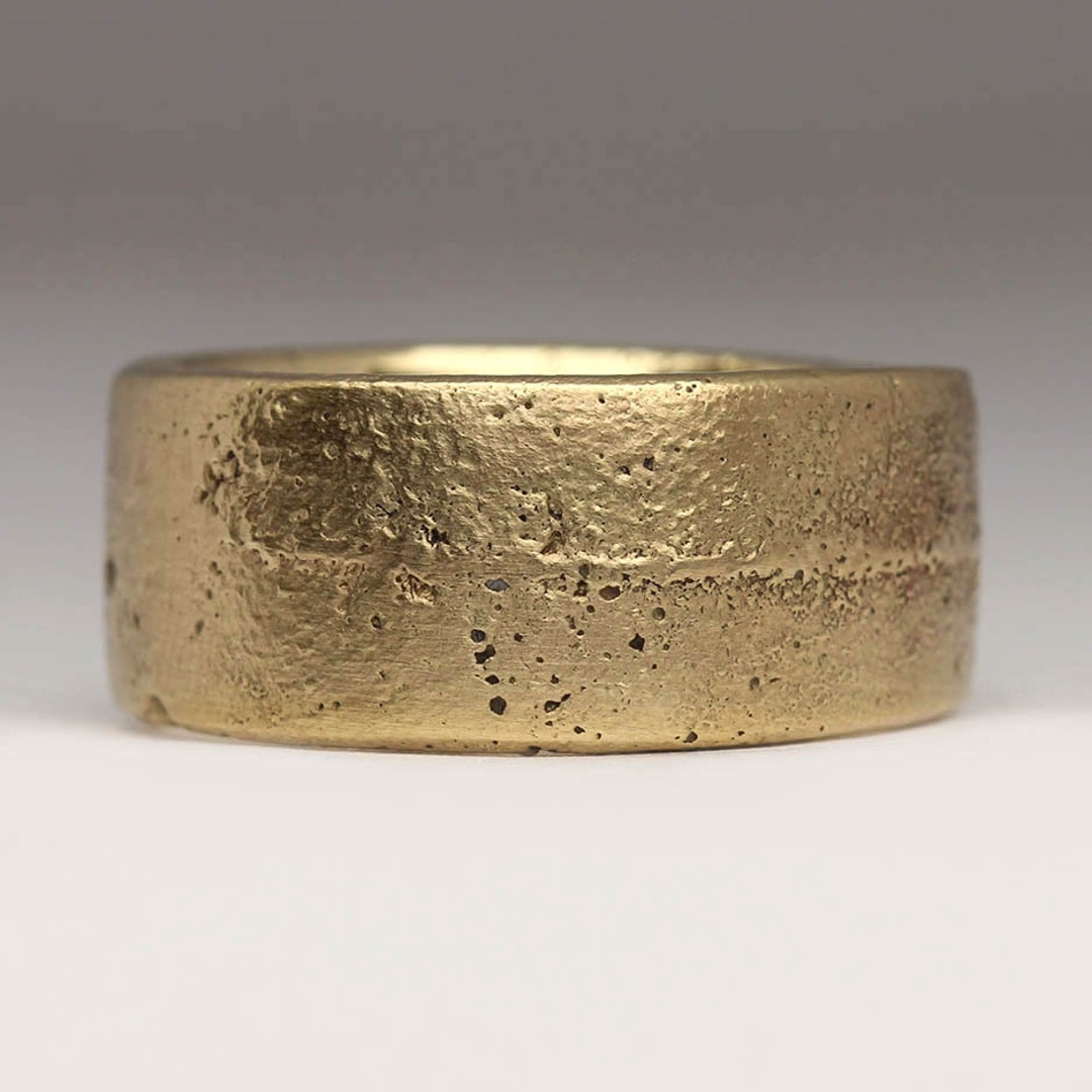 Flat 10mm Sandcast 9ct Gold, Organic Texture, Unique Chunky Mens Ring ...
