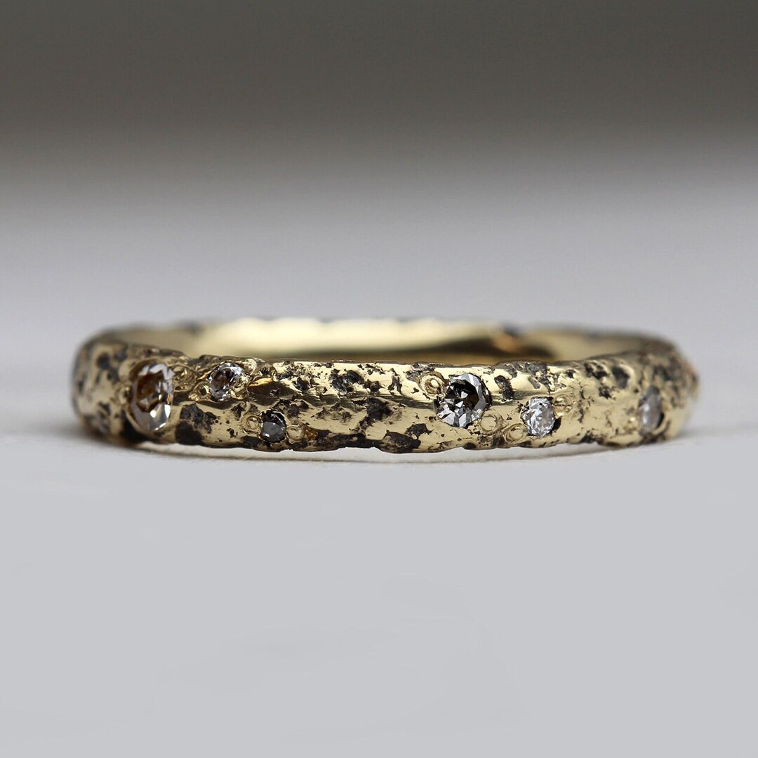 9ct Gold Diamond Scatter Ring - 3mm Sandcast Wedding Band - Cast in ...
