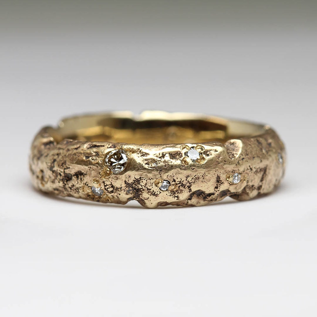 9ct Gold Diamond Scatter - 6mm Sandcast Wedding Ring - Cast in Beach ...