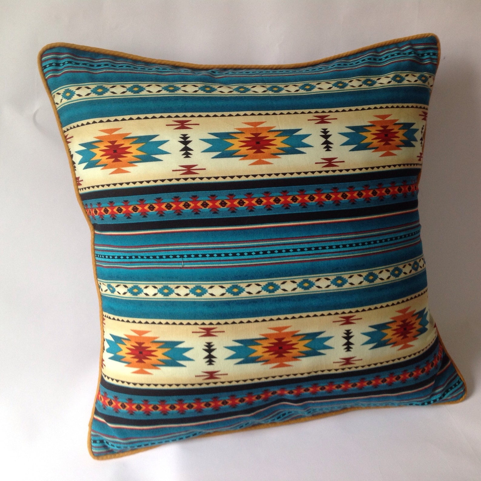 Southwestern Turquoise Print Fabric With Piping. Handmade | Etsy