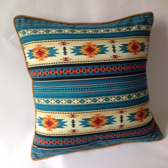 Southwestern Turquoise Print Fabric With Piping. Handmade | Etsy