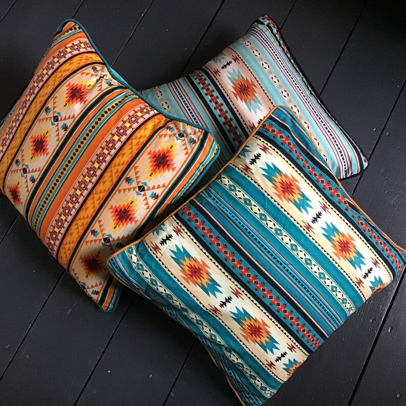 Southwestern Turquoise Print Fabric With Piping. Handmade | Etsy