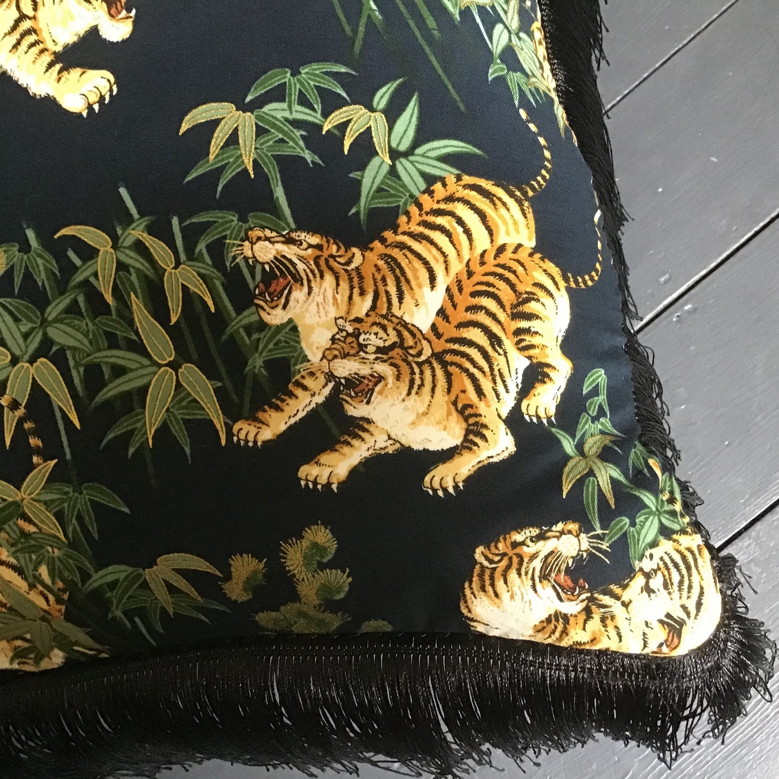 Japanese tiger print fabric cushion pillow in black with | Etsy
