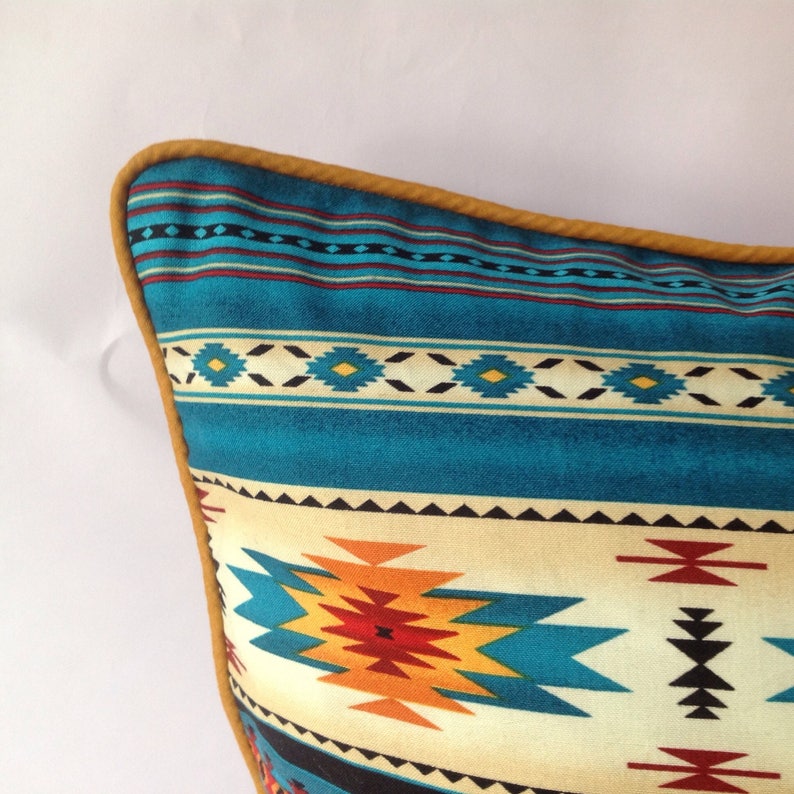 Southwestern Turquoise Print Fabric With Piping. Handmade | Etsy