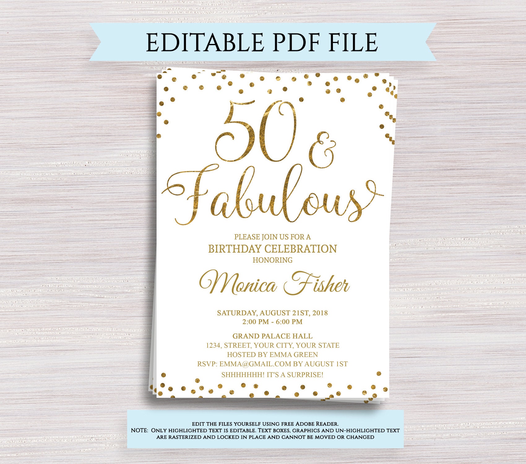 Editable 50th Birthday Party Invitation Template 50 And Etsy