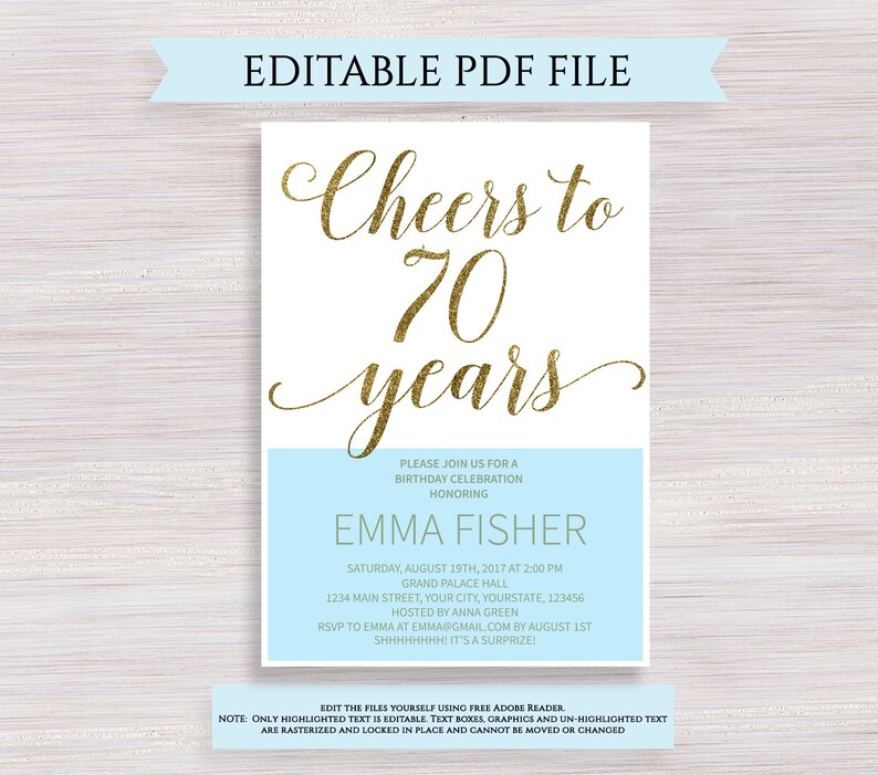 Editable 70th Birthday Party Invitation Template Cheers To 70 Etsy