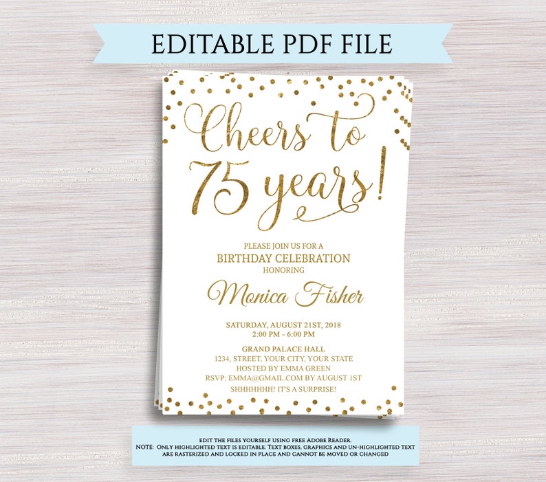 Editable 75th Birthday Party Invitation Template Cheers To 75 Etsy