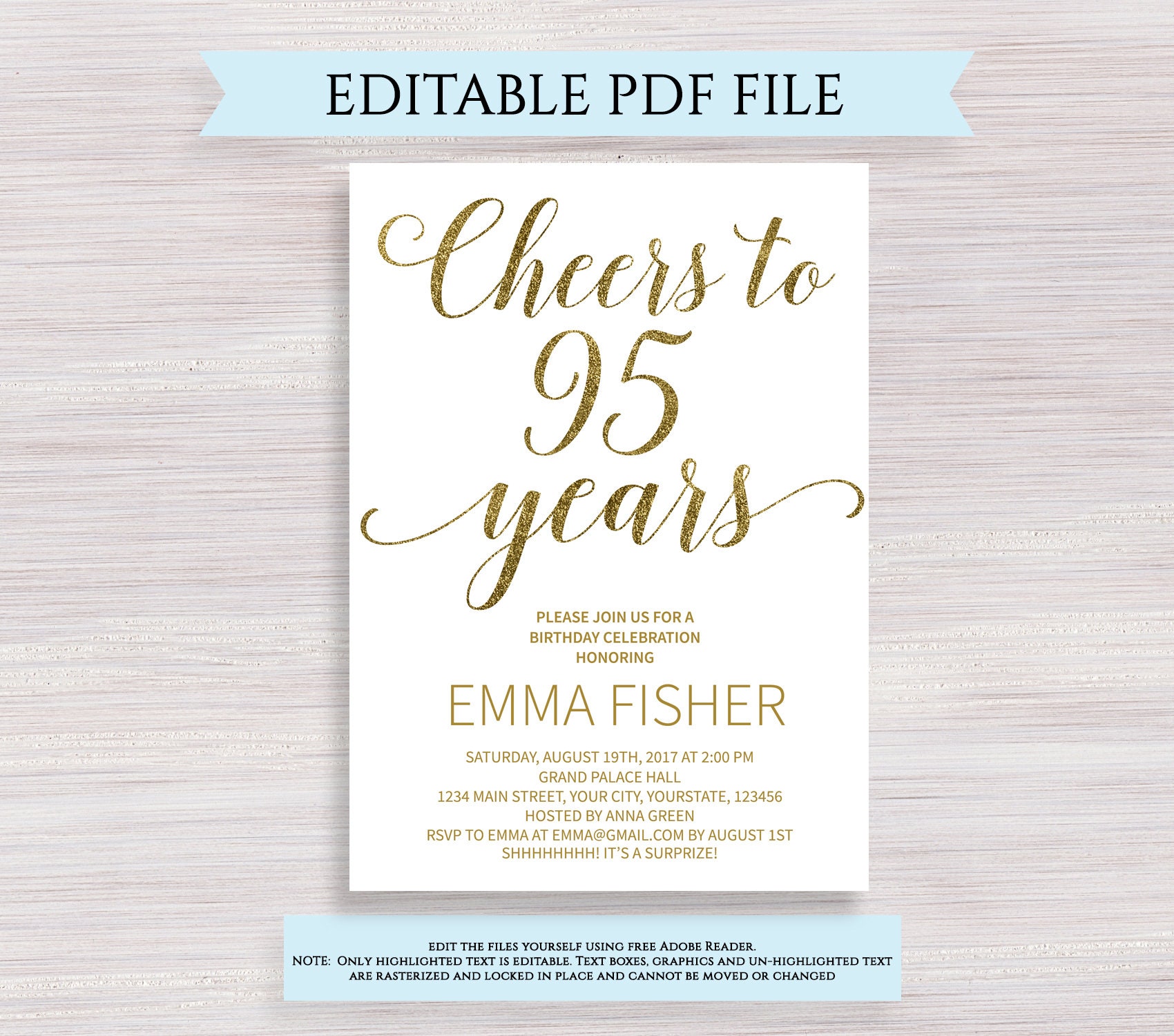 Editable 95th Birthday Party Invitation template Cheers to 95 | Etsy