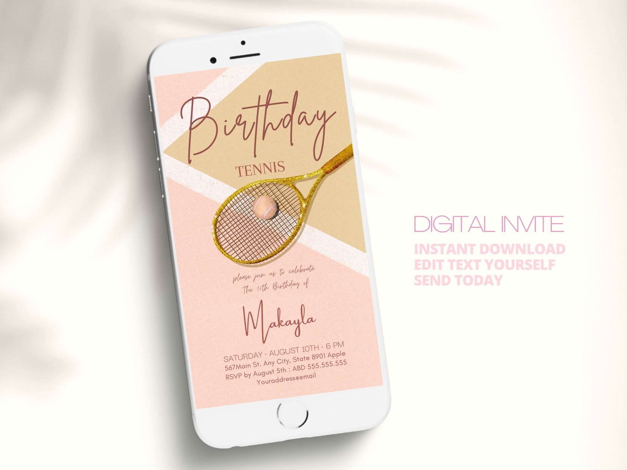 Tennis Invitation Sports Birthday Party Digital Template, Rose Gold ...