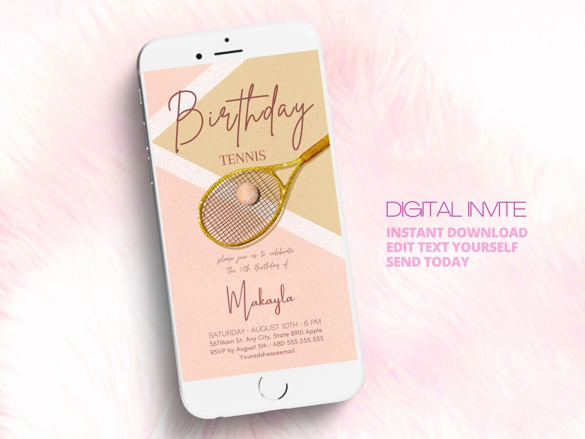 Tennis Invitation Sports Birthday Party Digital Template Rose | Etsy