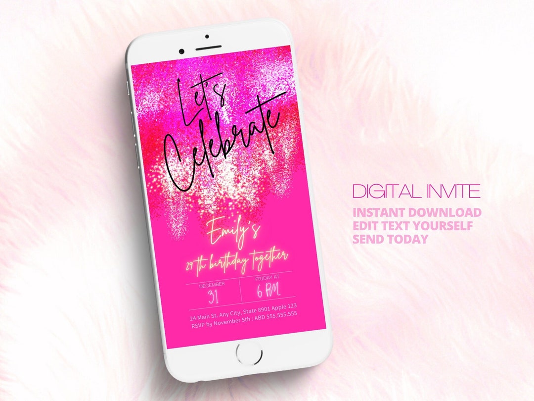 Shades of Pink Invitation, Hot Pink & Gold Glitter Birthday Digital ...