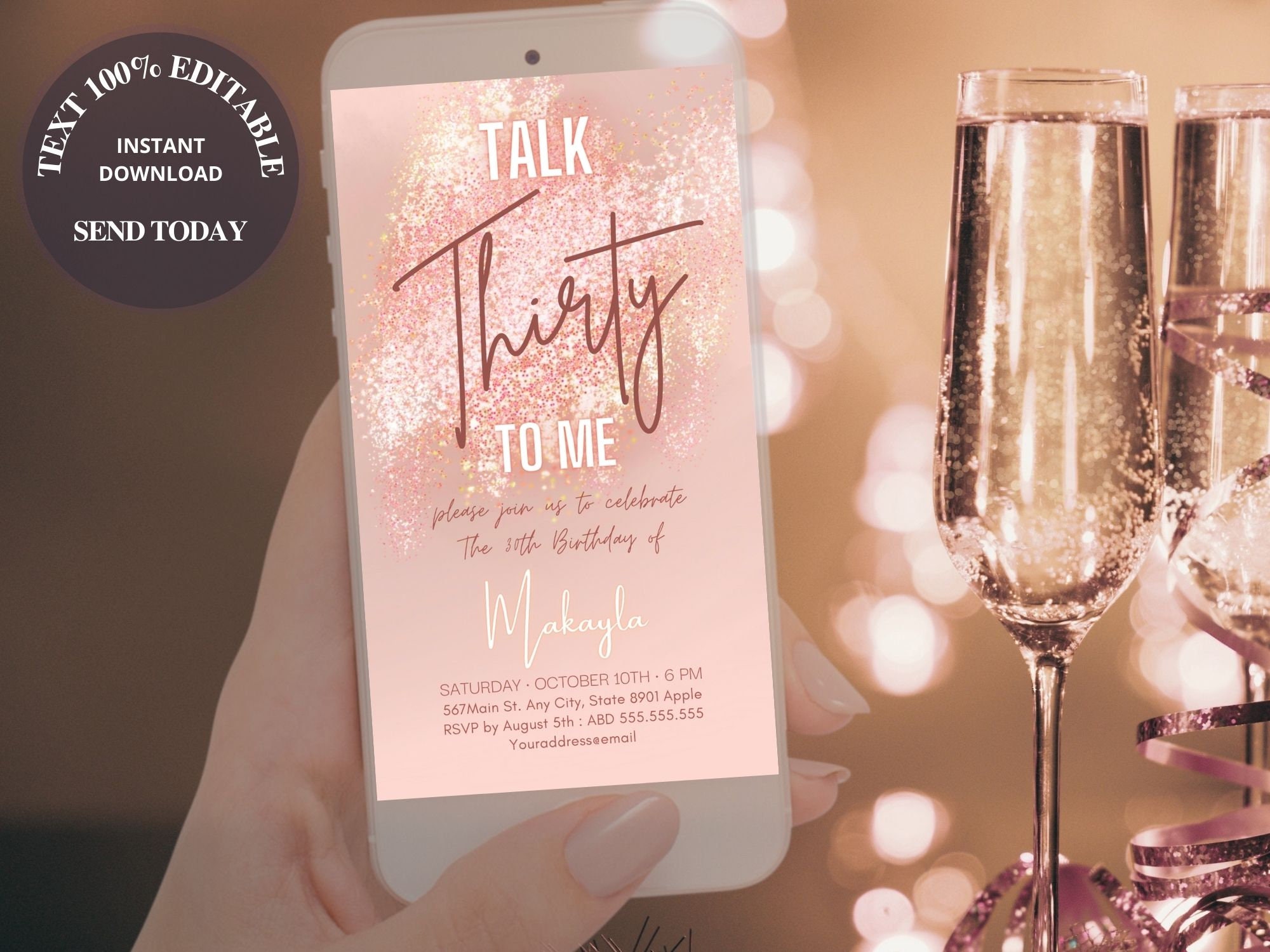Editable 30th Birthday Invitation for Her, Rose Gold Party Invitation ...
