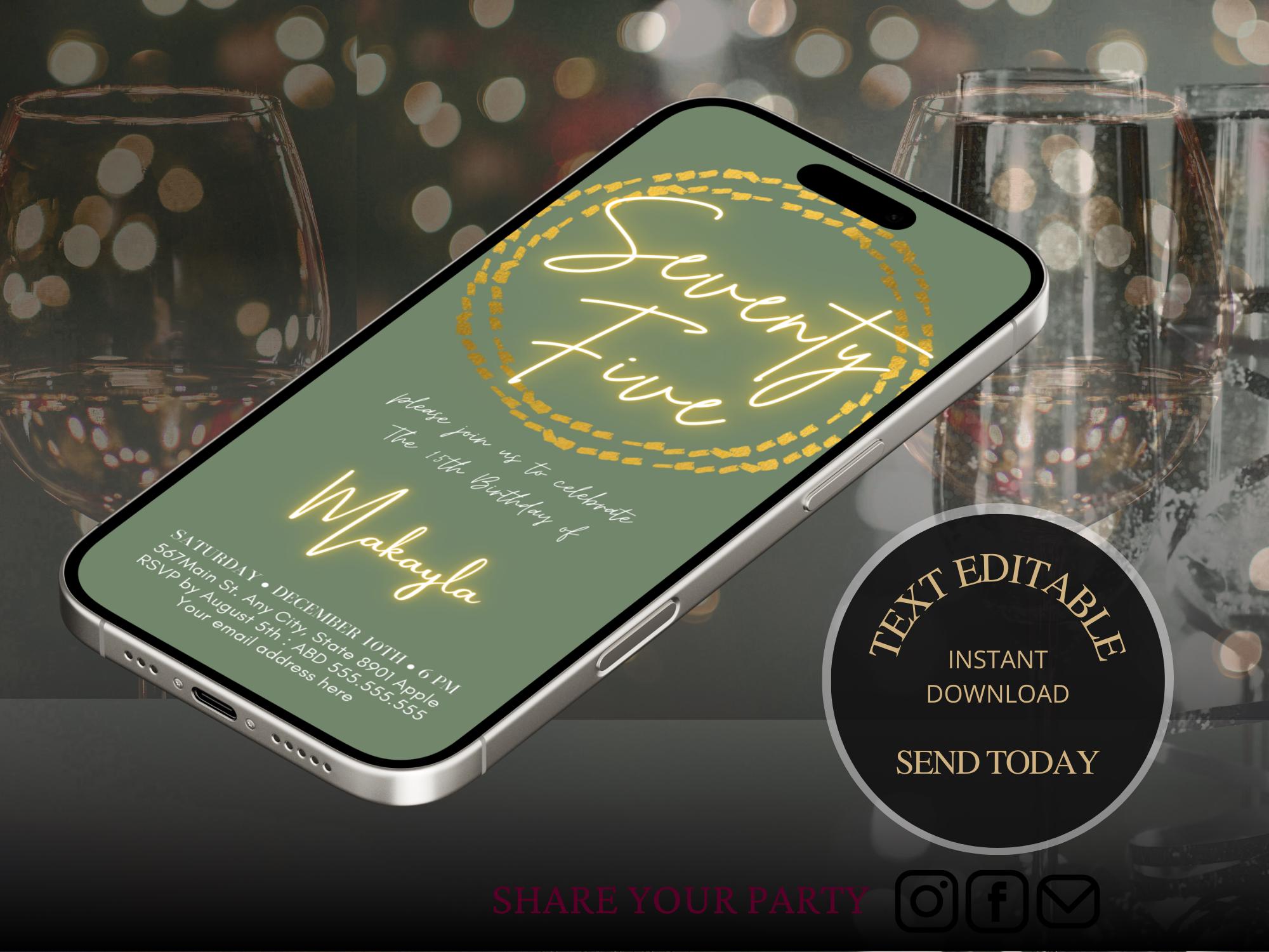 Sage Green Party Invitation, 75th Birthday Digital Invite, Green and ...