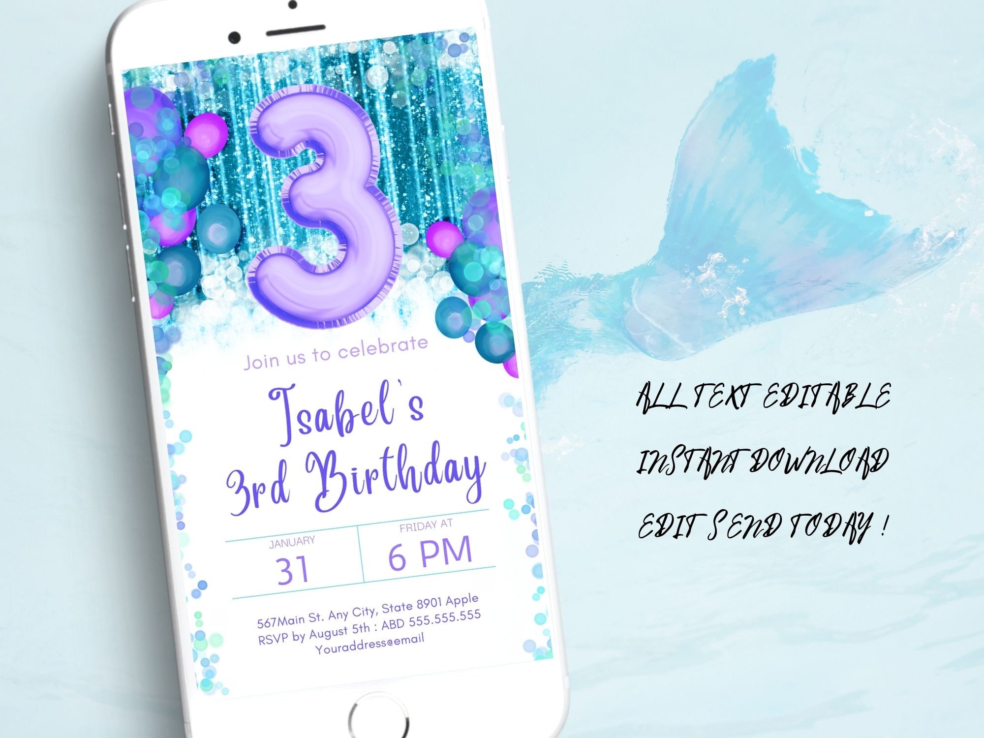 Mermaid 3rd Birthday Digital Invitation Under the Sea Little | Etsy
