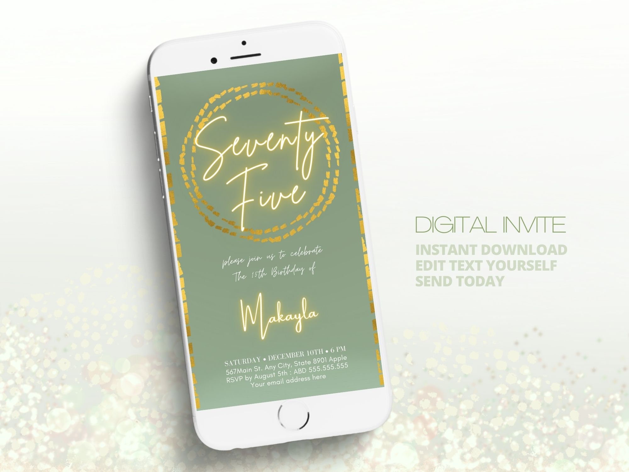 Sage Green Party Invitation, 75th Birthday Digital Invite, Green and ...