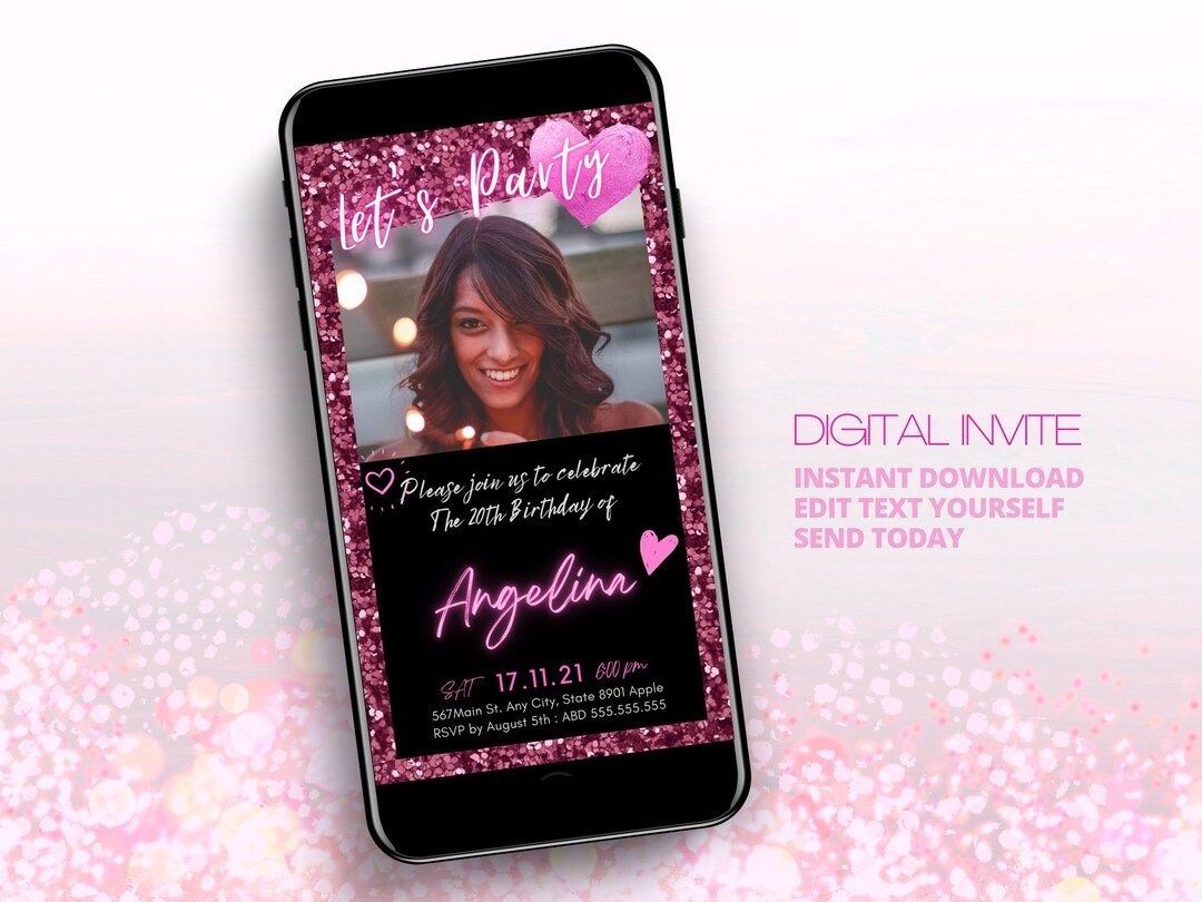 DIY Invite, Hot Pink Glitter Invitation With Photo, Dinner Party Invite ...
