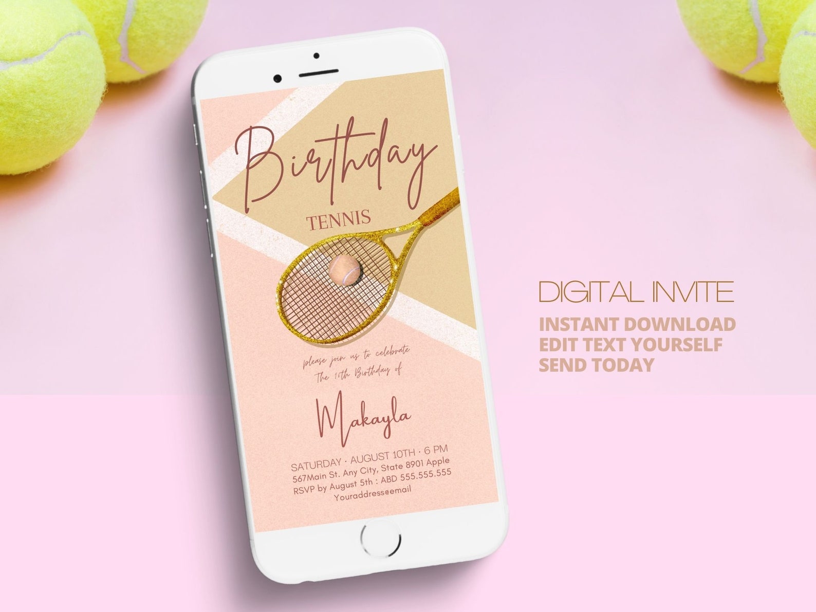 Tennis Invitation Sports Birthday Party Digital Template, Rose Gold ...