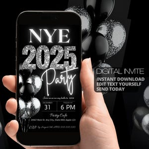 NYE 2025 Party Invitation, New Years Eve Invitation Template, Silver ...