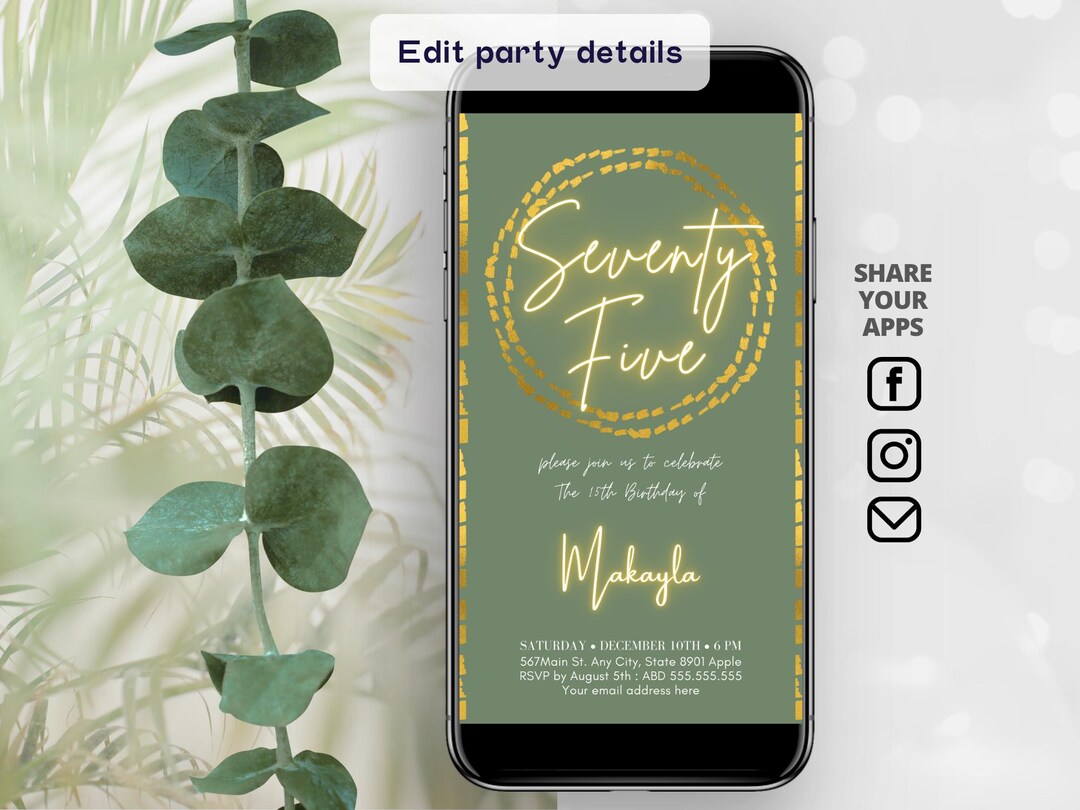 Sage Green Party Invitation, 75th Birthday Digital Invite, Green and ...